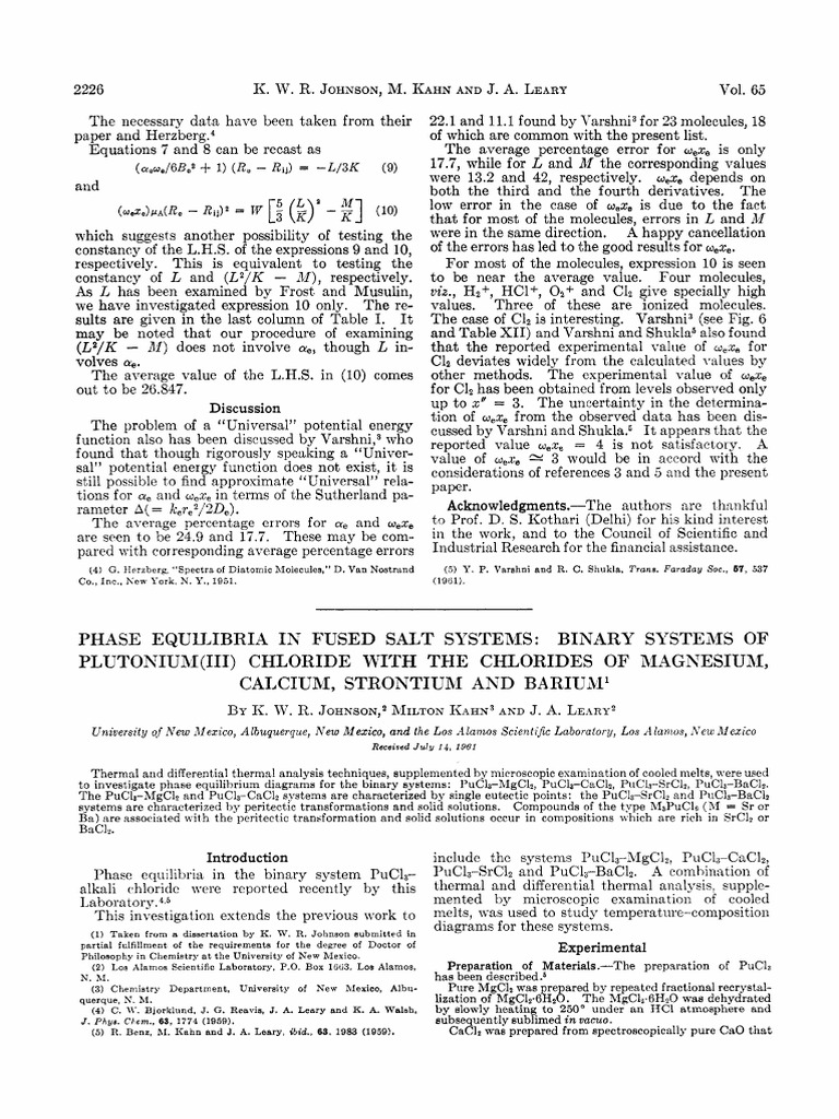 1961 Phase Equilibria in Fused Salt Systems Binary Systems of Plutonium ...