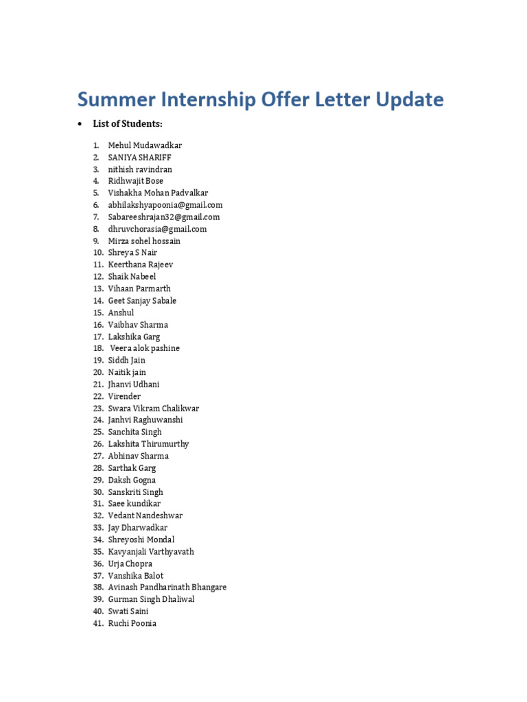 Summer Internship Offer Letter Update | PDF