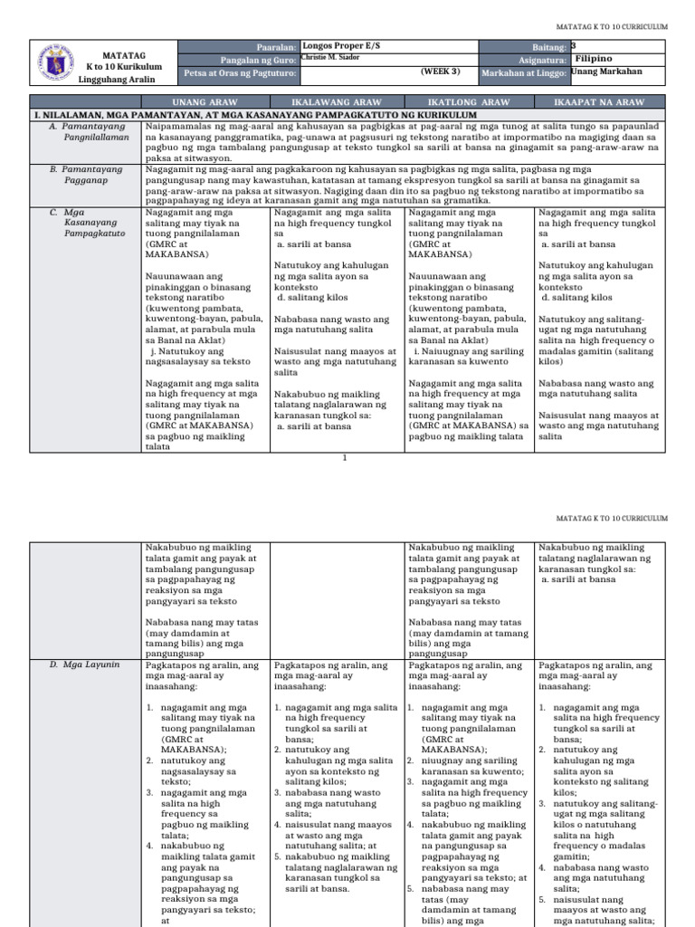 DLL Matatag Filipino 3 q1 w3 | PDF