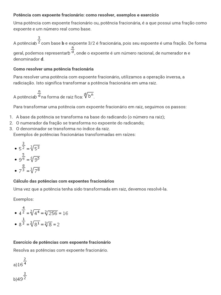 Potências com Expoente Fracionário: Guia e Exercícios | PDF ...