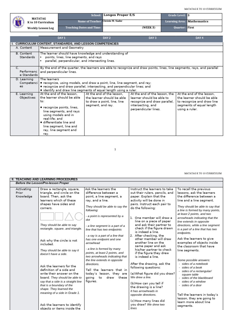 DLL Matatag Mathematics 3 q1 w3 | PDF | Perpendicular | Line (Geometry)