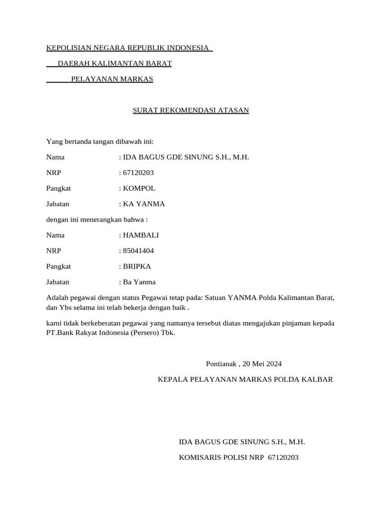 Surat Rekomendasi Bri | PDF