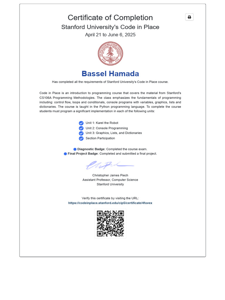 Code in Place Completion Certificate | PDF