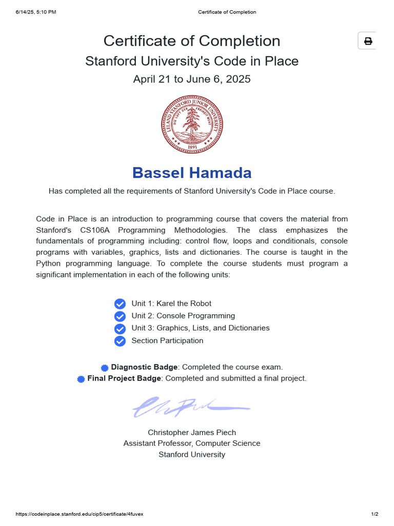 Code in Place Completion Certificate | PDF