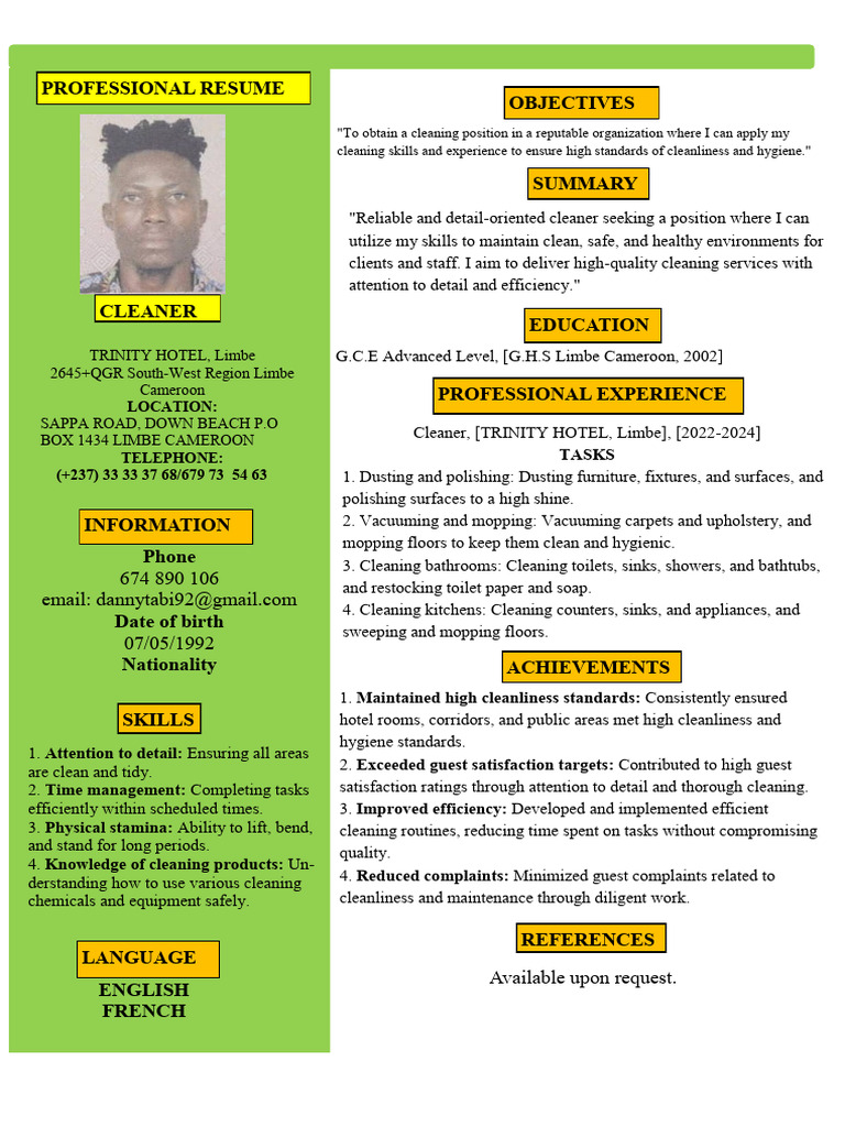 Cleaner Resume for Hotel Position | PDF | Hygiene | Vacuum Cleaner