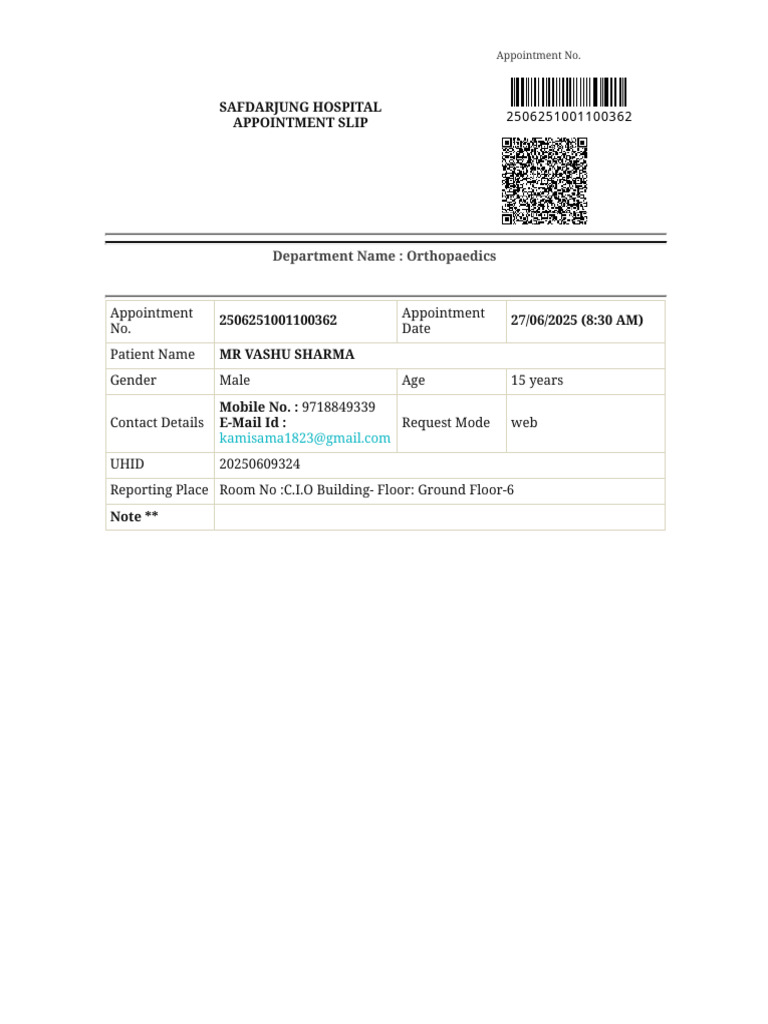 Safdarjung Hospital Appointment Slip | PDF