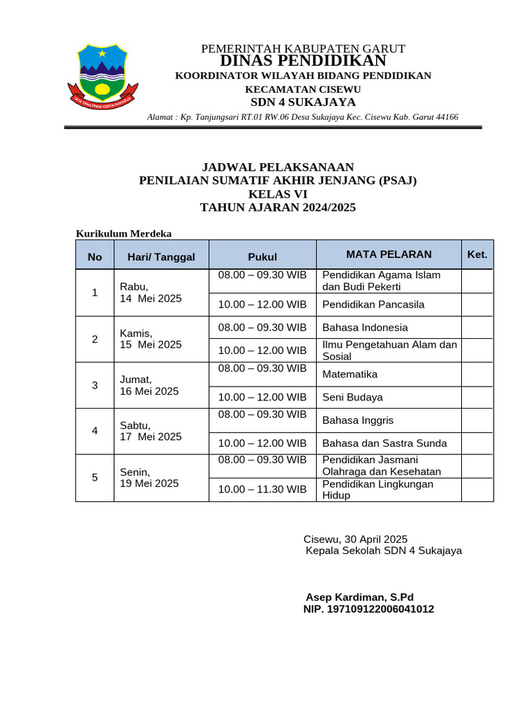 Jadwal Psat Dan Psaj Kelas 6 TP 2024-2025 | PDF