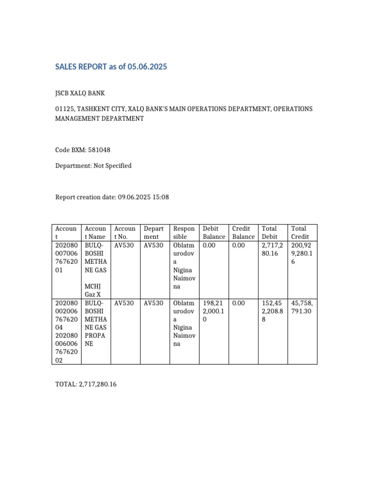 JSCB XALQ BANK Sales Report 2025 | PDF