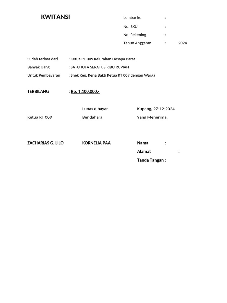 Kwitansi Snek Kerja Bakti RT 009 | PDF
