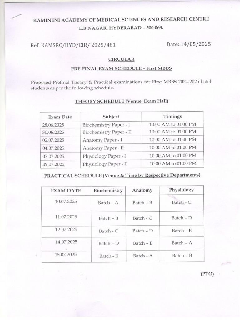 481.Pre-Final Exams Schedule-First MBBS . | PDF