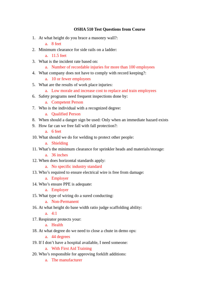 OSHA 510 Test Questions Overview | PDF | Occupational Safety And Health ...