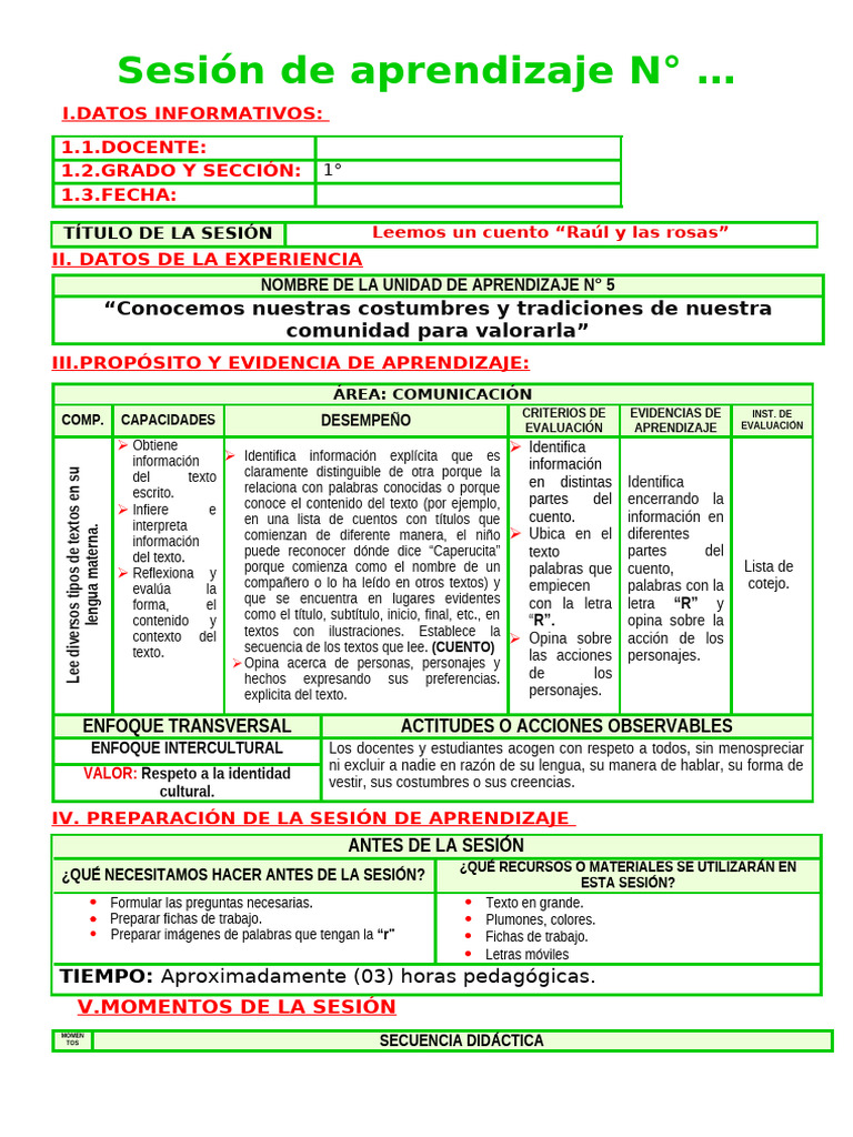 Sesión Leemos Un Cuento Raúl y Las Rosas Letra R Maestra Janet | PDF | Aprendizaje | Información
