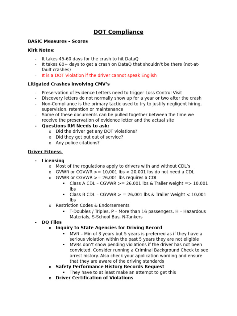 DOT Compliance Checklist Overview | PDF | Driving | Transport