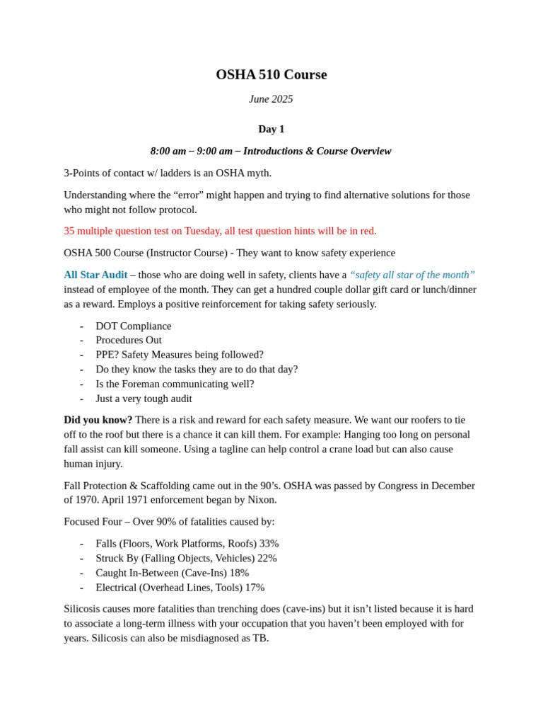 OSHA 510 Course Notes | PDF | Occupational Safety And Health ...