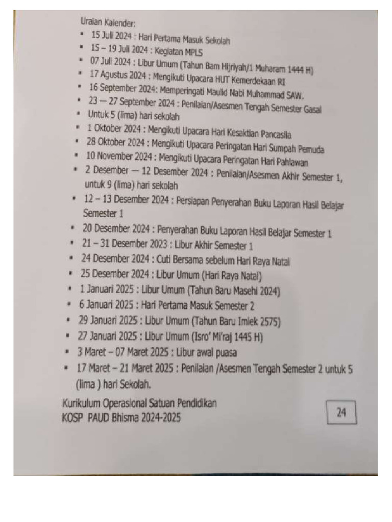 Kalender Pendidikan Paud Bhisma | PDF