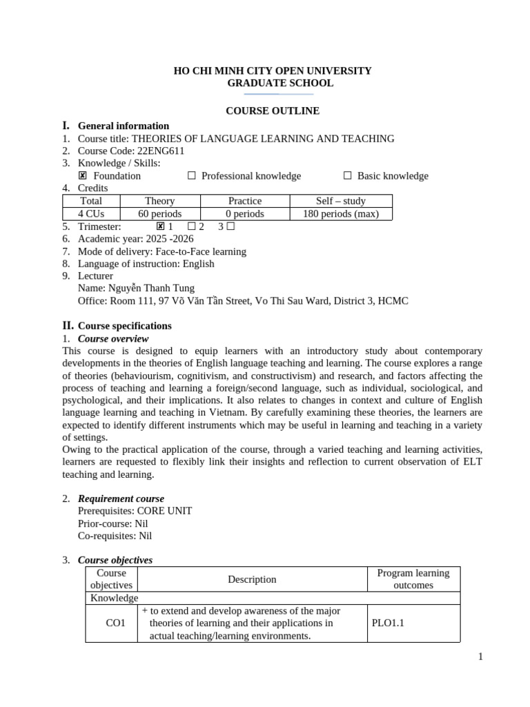 Syllabus - Theories of Language Learning and Teaching - TDIP251 - NTTung | PDF | Plagiarism ...