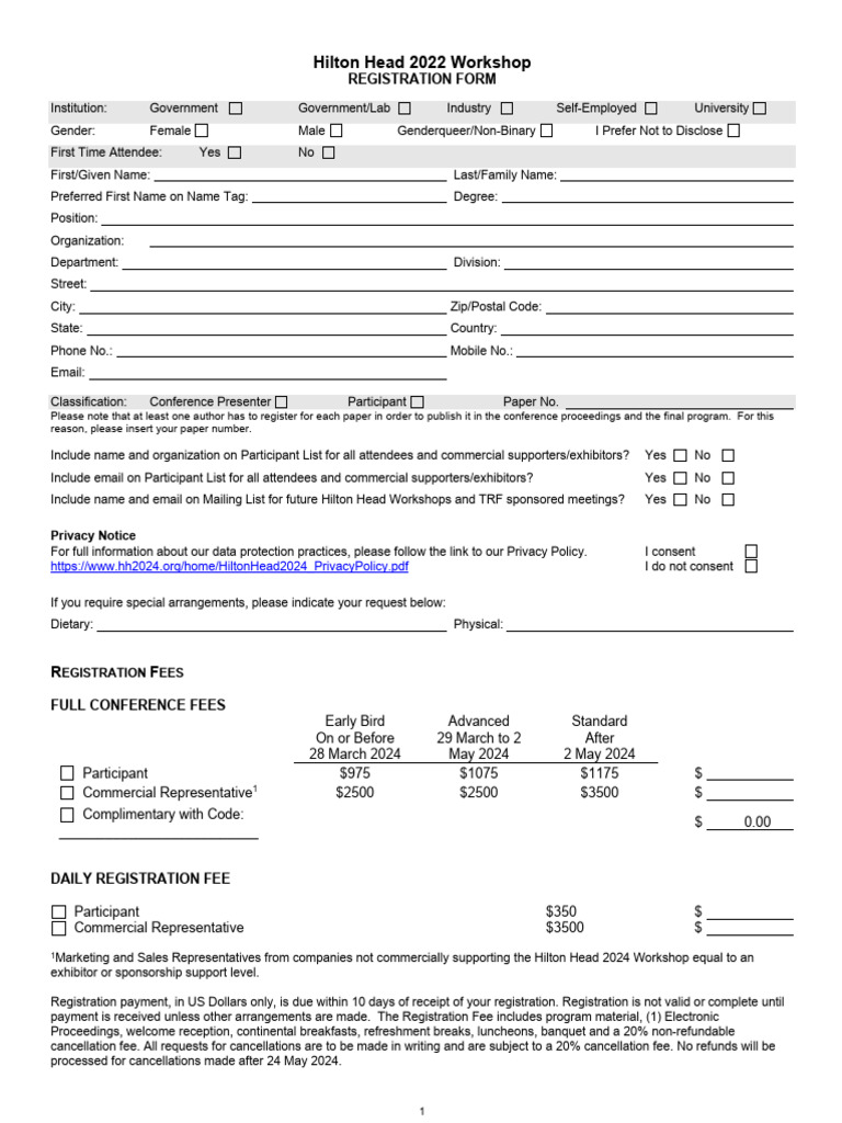 Hilton Head 2024 Workshop Registration Form | PDF | Money Order | Payments