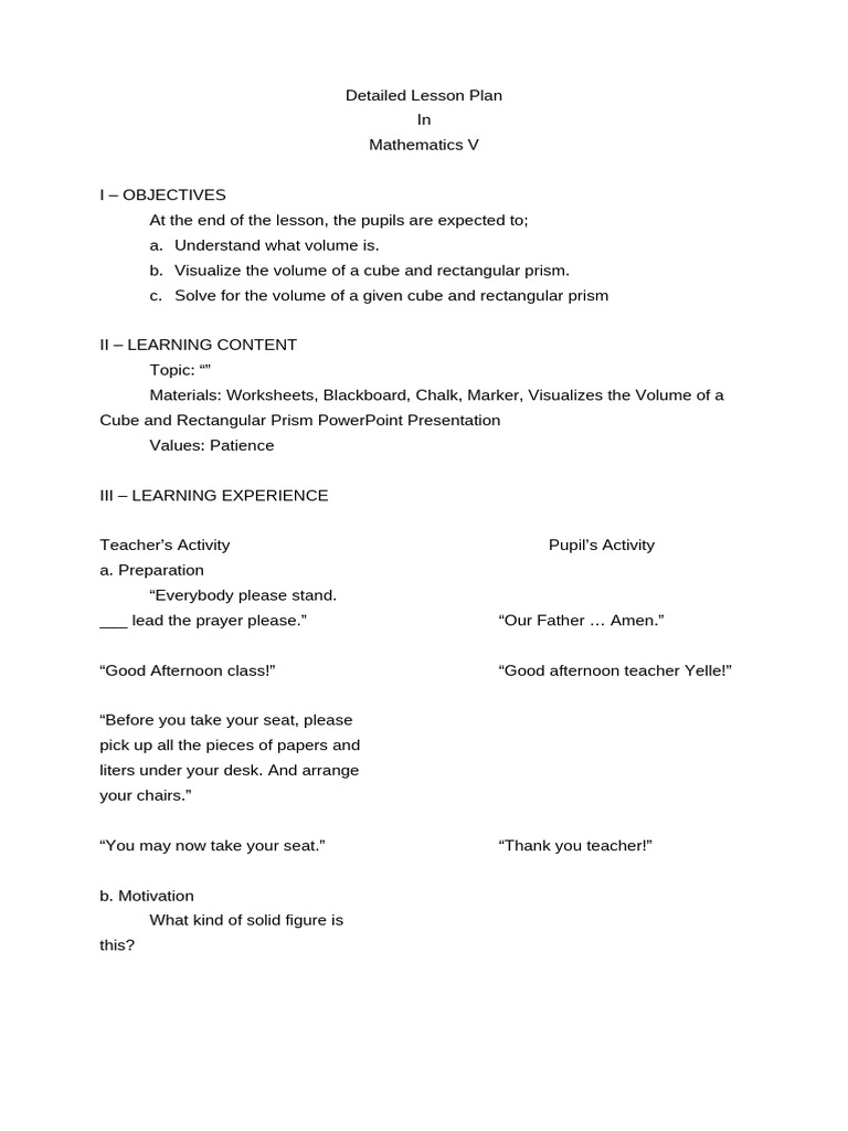 Detailed Lesson Plan in Math 5 | PDF | Volume | Length
