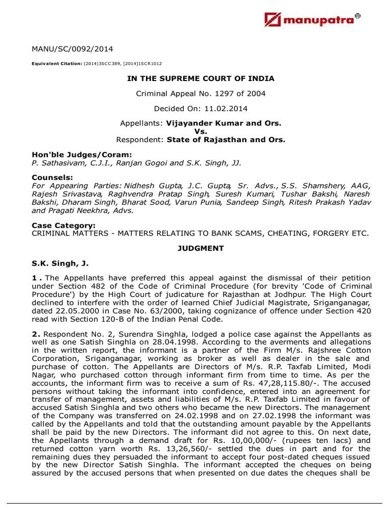 Vijayander Kumar and Ors Vs State of Rajasthan Ands140092COM645667 | PDF | Criminal Procedure In ...
