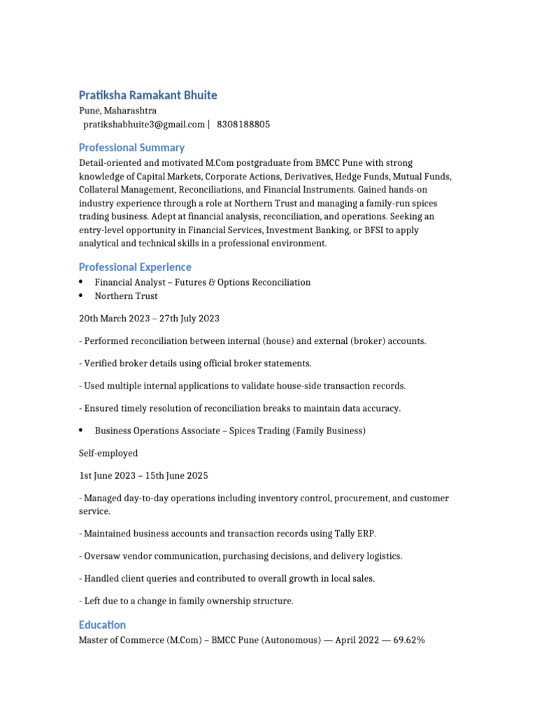 Pratiksha Bhuite Resume1 | PDF | Derivative (Finance) | Capital Market