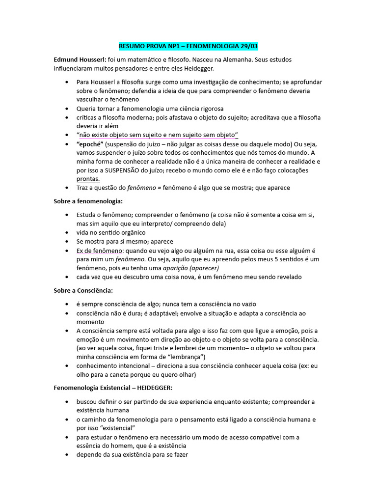 Resumo Prova NP1. Fenomenologia | PDF | Fenomenologia (Filosofia) | Realidade
