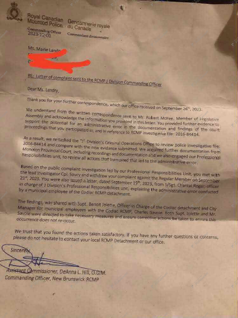 Letter From The RCMP To Marie Seshat Landry 2023-12-01 | PDF