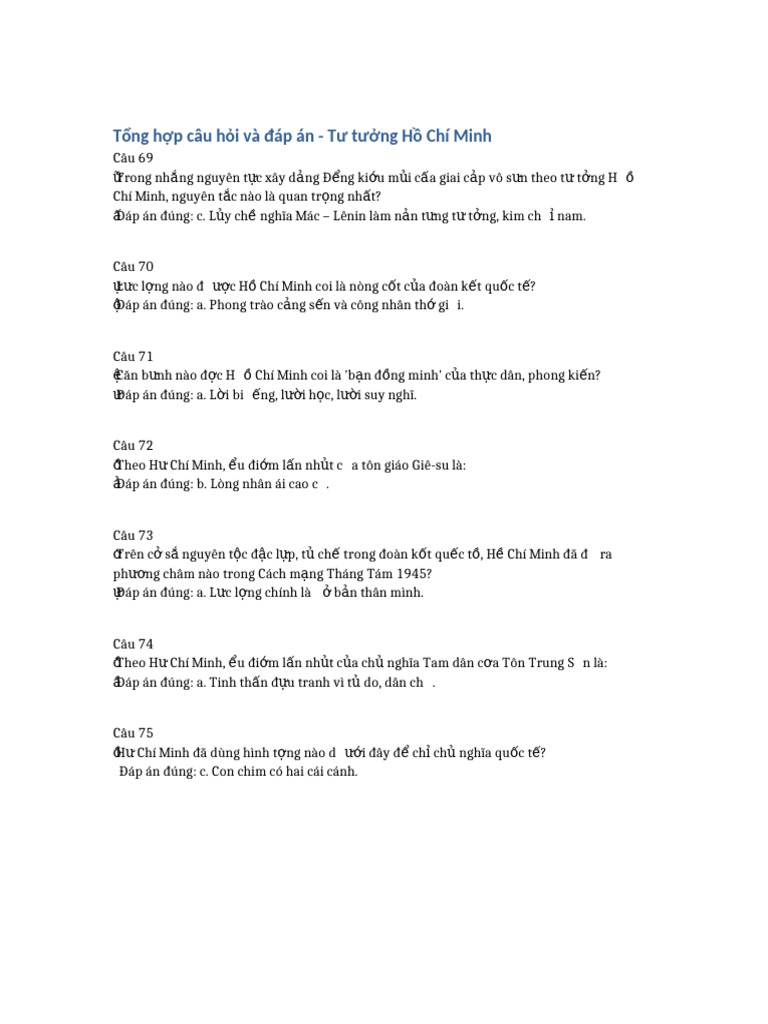 Tong Hop Cau Hoi Va Dap An Tu Tuong HCM | PDF