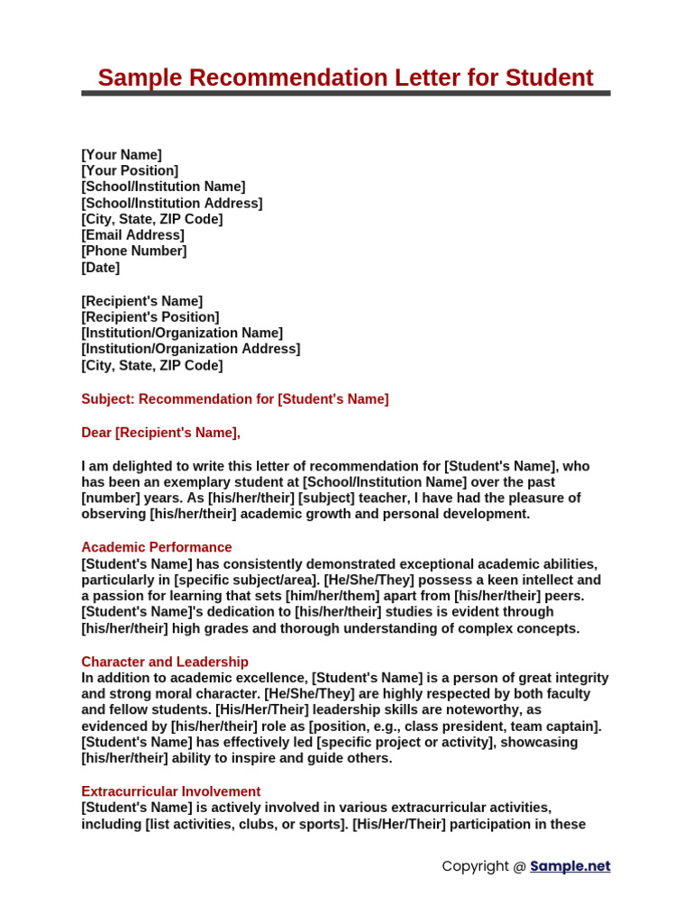 Student Recommendation Letter Sample | PDF