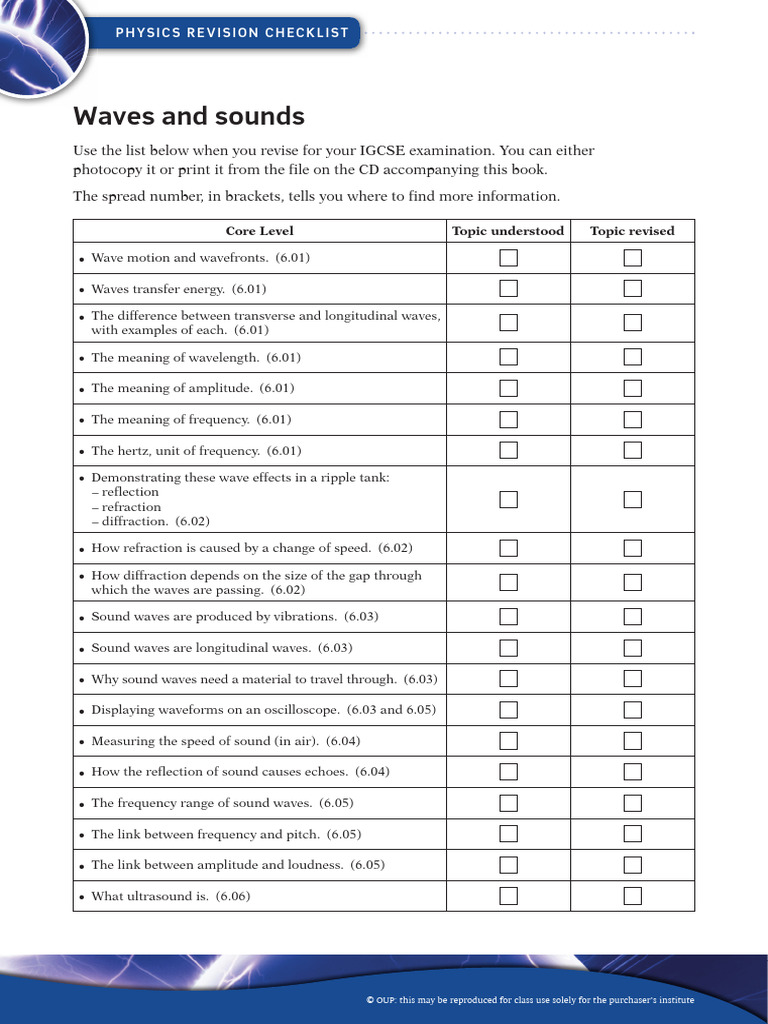 IGCSE Physics - Rev - Checklist Waves and Sounds | PDF