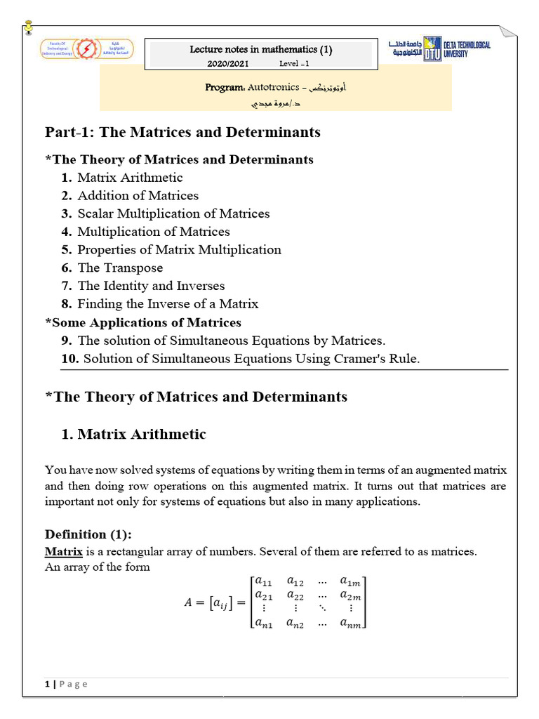 Part-1-The Matrices and Determinants-Auto | PDF | Matrix (Mathematics ...