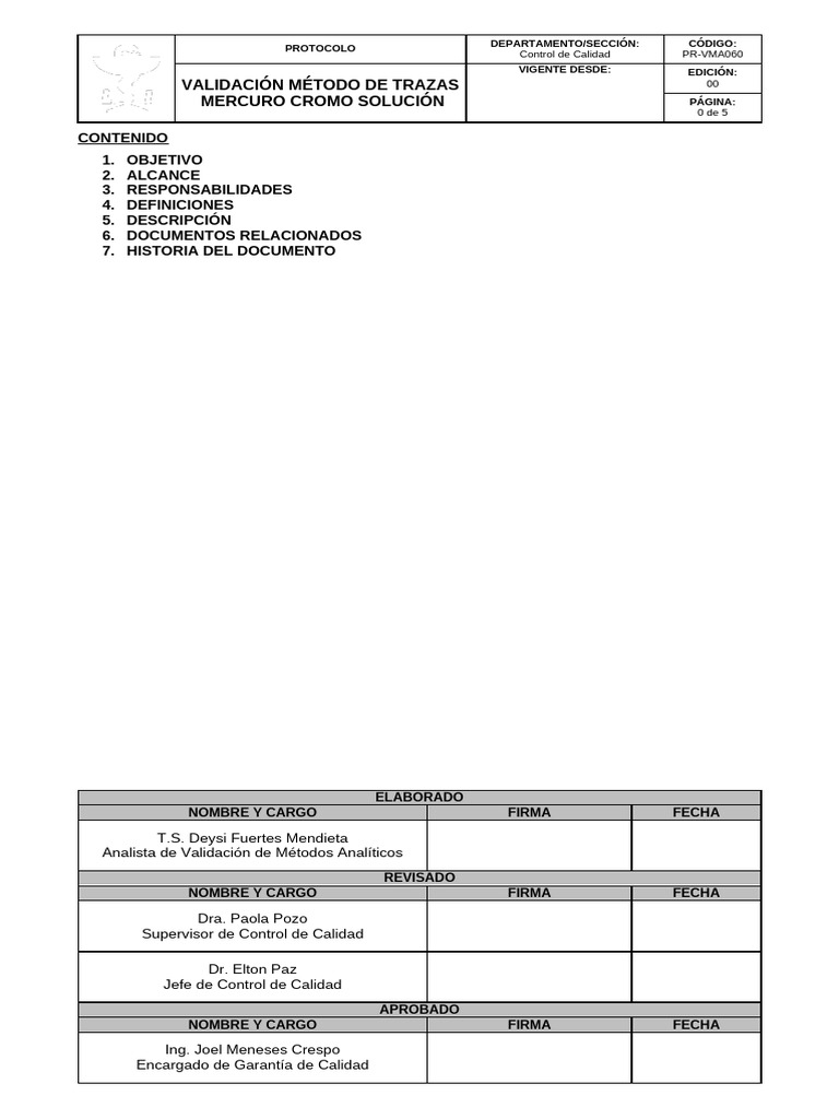 PR-VMA060-00 Validación Método de Trazas Mercuro Cromo Solución | PDF ...