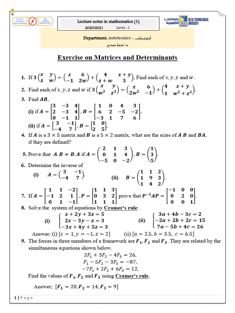 Matrices and Determinants Exercises | PDF | Determinant | Matrix ...