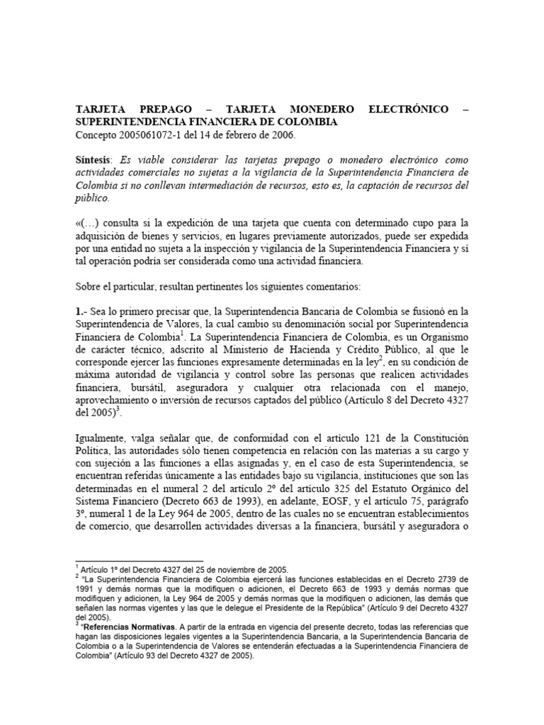 Concepto Superfinanciera Tarjetas Recargables Prepago | PDF | Bancos ...