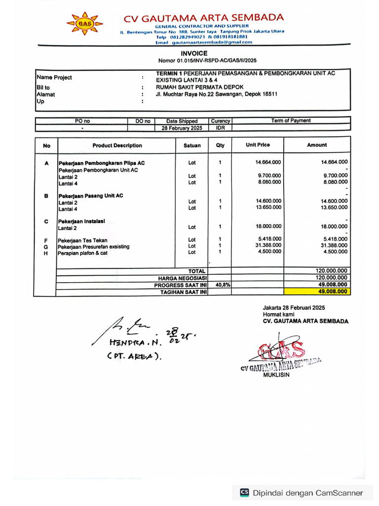 Invoice Pekerjaan Jasa Ac & Presure Fan RSP Depok | PDF