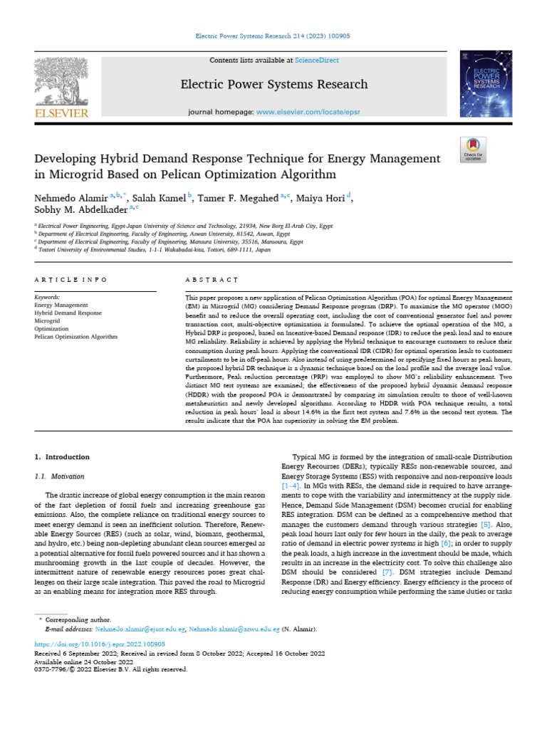 Developing Hybrid Demand Response Technique For Energy Management in Microgrid Based On Pelican ...