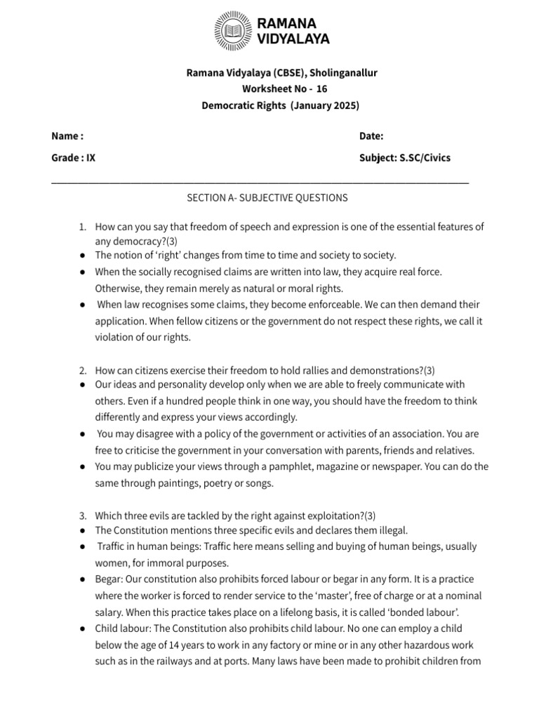 Democratic Rights Worksheet for Grade IX | PDF | Social Equality ...