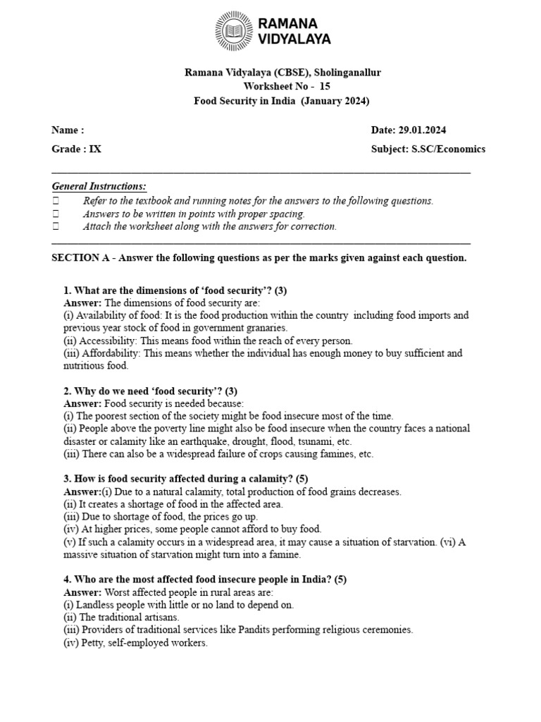Food Security in India: Grade IX Worksheet | PDF | Food Security | Hunger