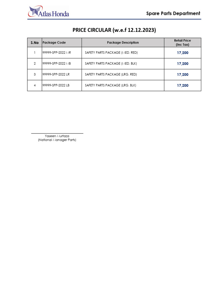 Safety Parts Package Price List | PDF