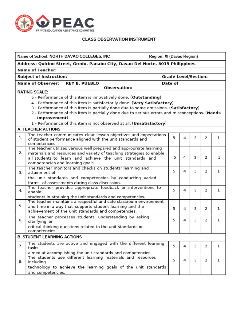 Class Observation Instrument PEAC | PDF | Teachers | Learning