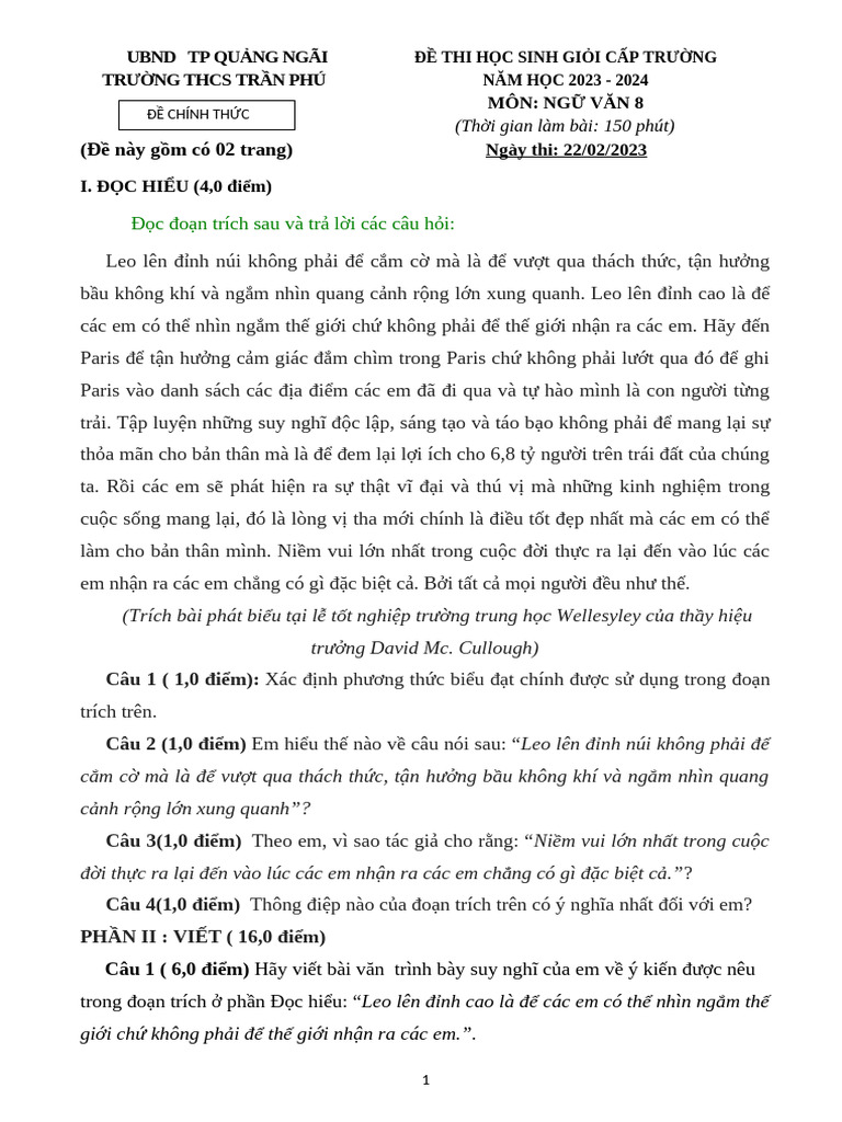 Đề Chính Thức Văn Thi Hsg 8 | PDF