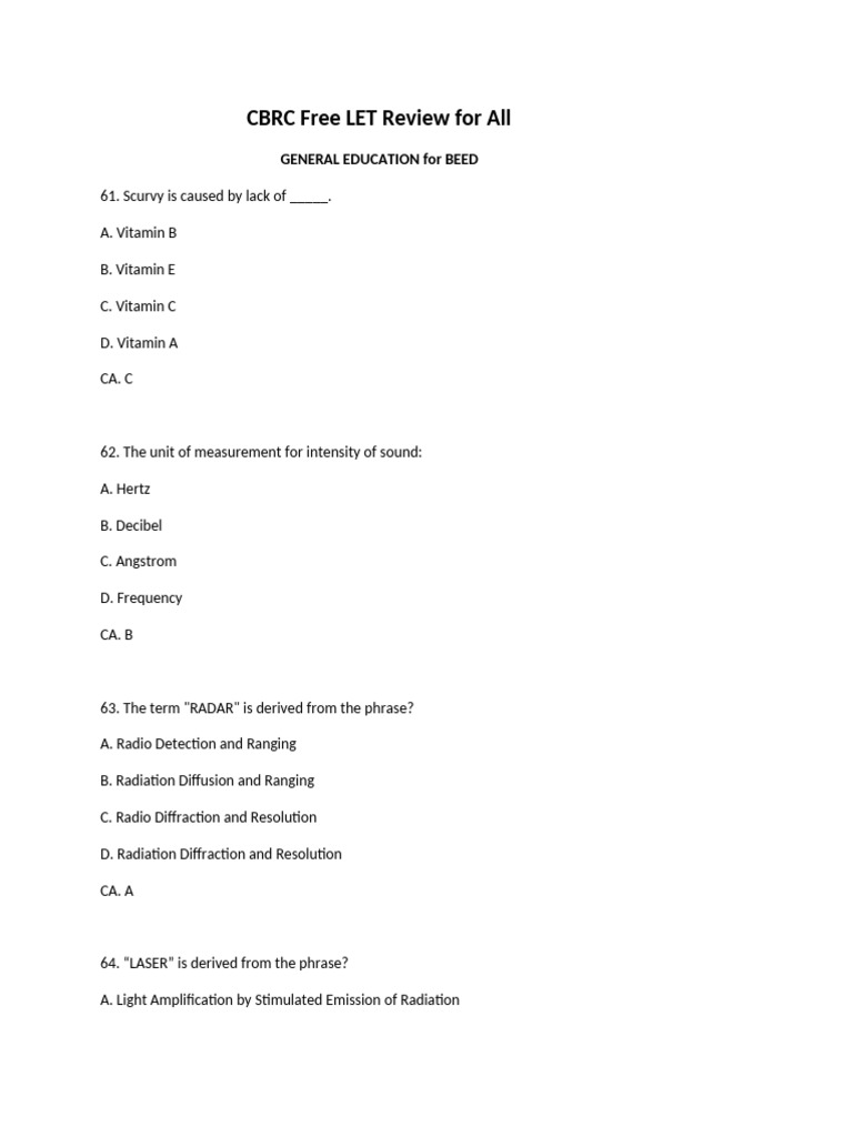 CBRC Free Let Review For All General Education For Beed Part 4 | PDF ...