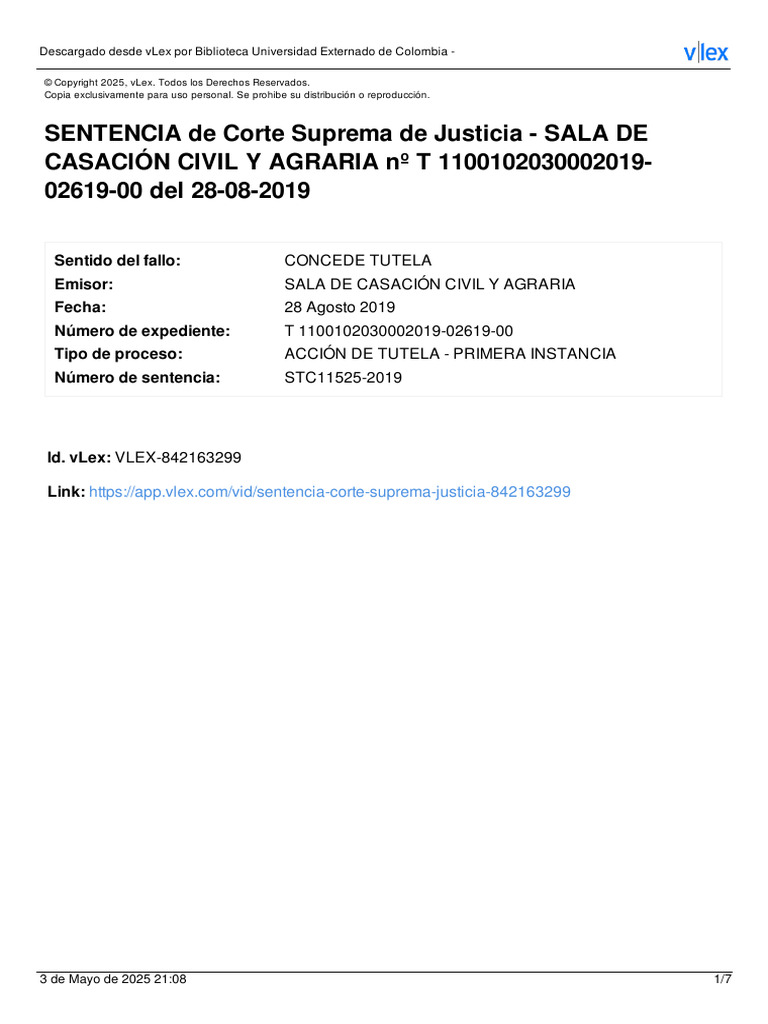 Sentencia de Corte Suprema de Justicia Sala de Casacion Civil y Agraria ...