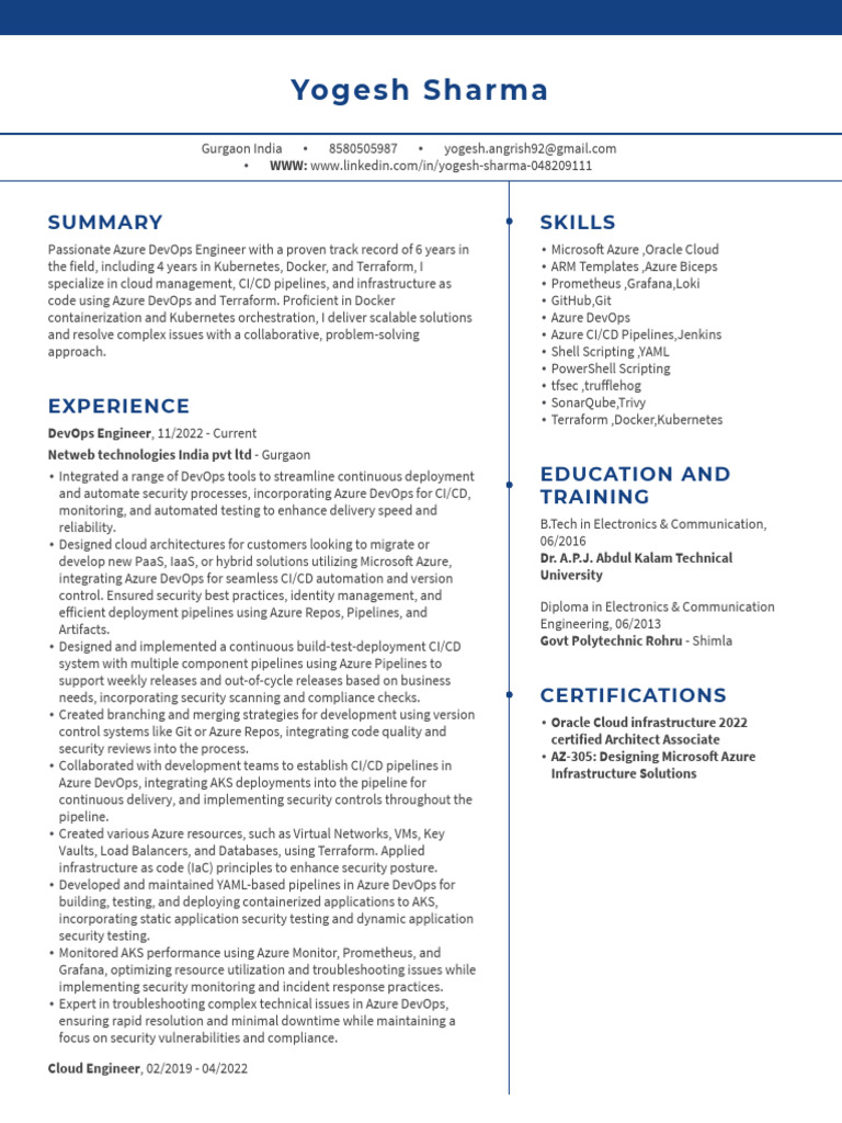 Azure DevOps Engineer Profile | PDF | Microsoft Azure | Cloud Computing