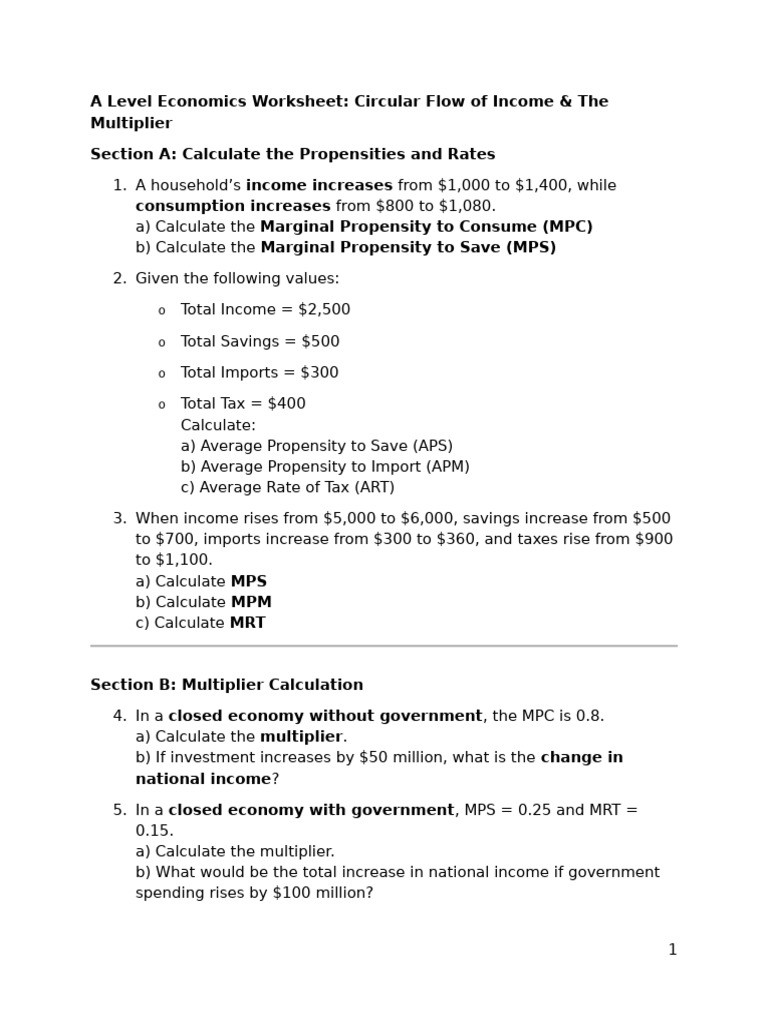 A Level Economics Worksheet - Multiplier | PDF