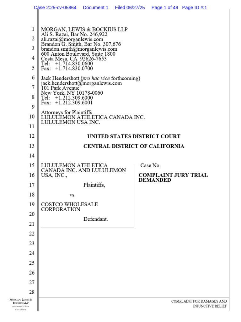 Lululemon vs. Costco: Trademark Infringement Case | PDF | Complaint ...