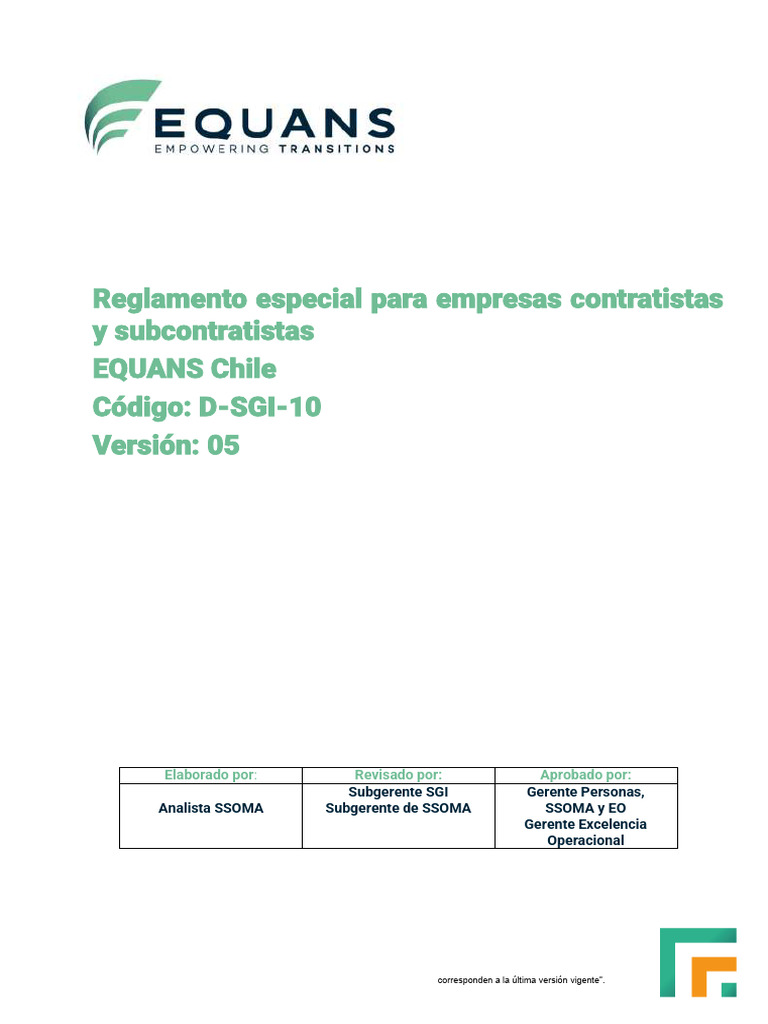 D-SGI-10 Reglamento Especial Empresa Contratista EQUANS V05 | PDF | Seguridad y salud ...