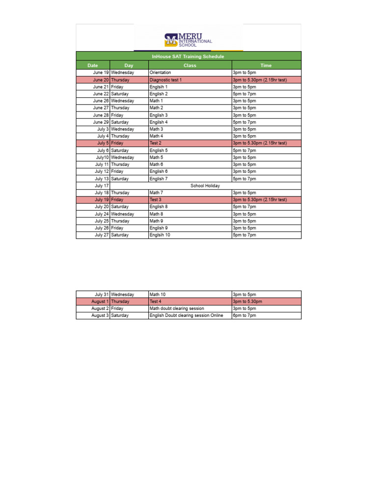 In-House SAT Training Schedule | PDF