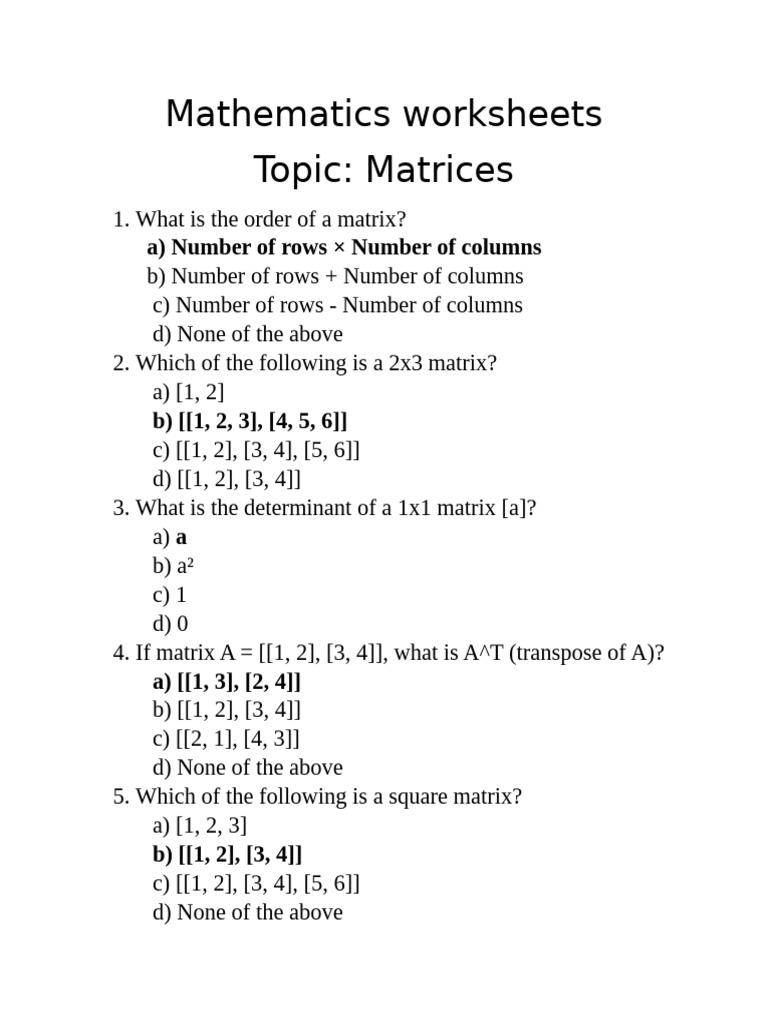 Matrices Worksheet with Answers | PDF | Matrix (Mathematics ...