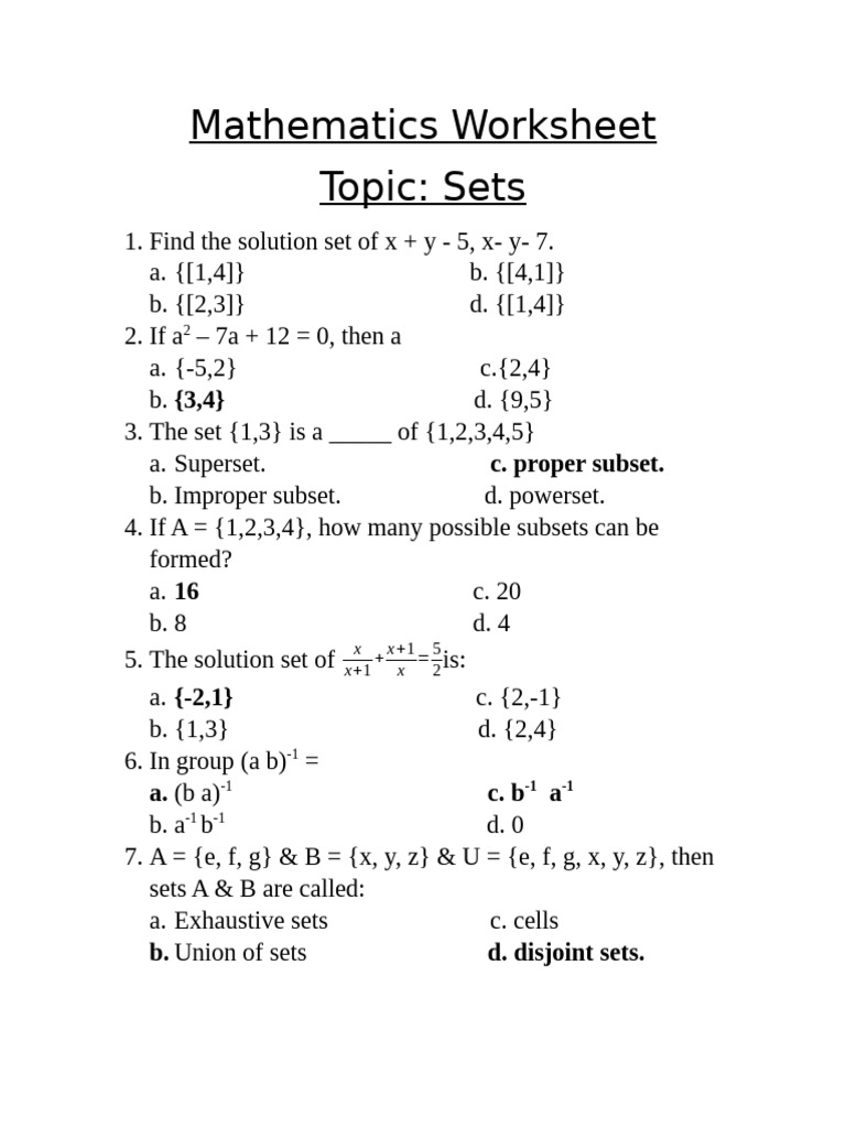 Mathematics Worksheet Setsss | PDF | Function (Mathematics) | Functions ...