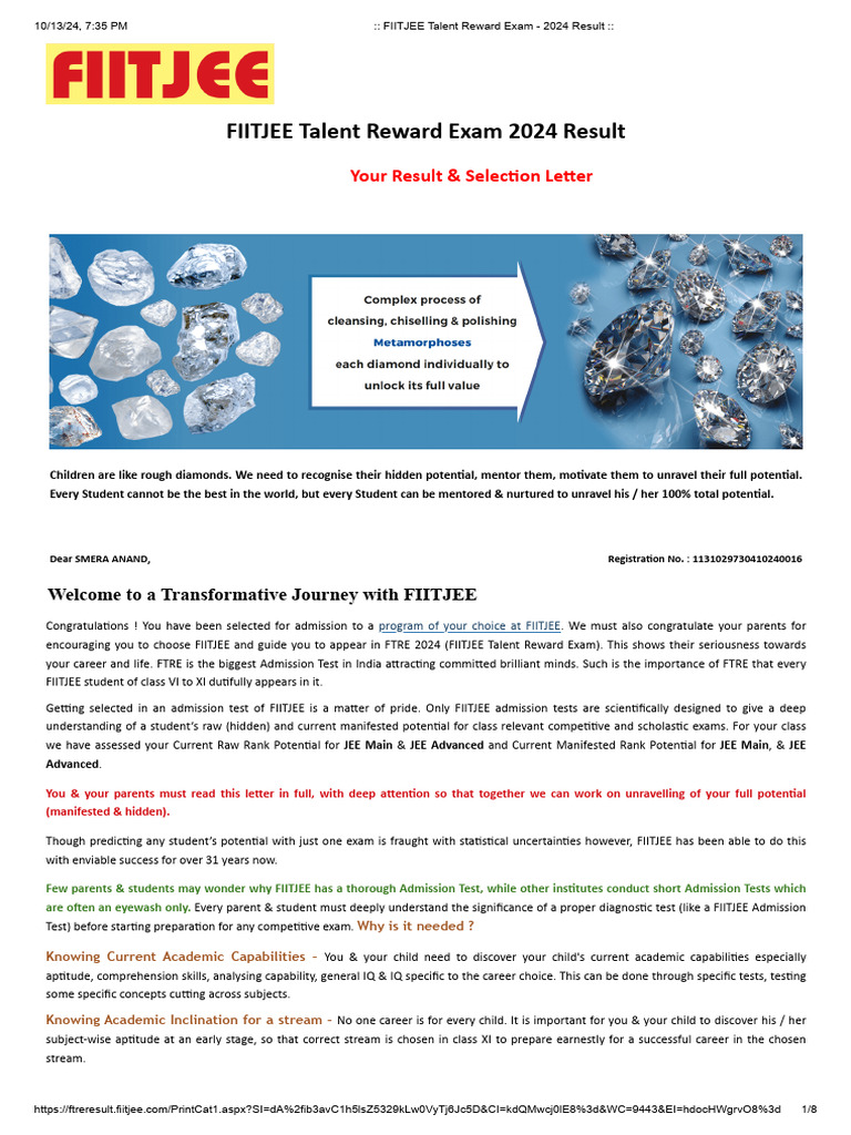 FIITJEE Talent Reward Exam - 2024 Result | PDF | University And College Admission